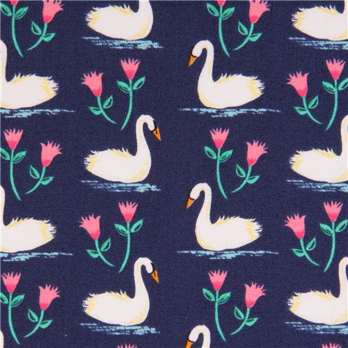 dark blue swan fabric 'Swans A Swimming' by Michael Miller Fabric by ...