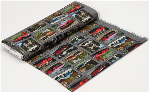 dark grey Michael Miller patchwork retro car fabric - modeS4u