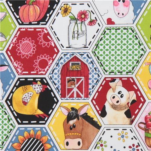 fabric with colorful hexagon farm animal pig cow sheep Quilting ...