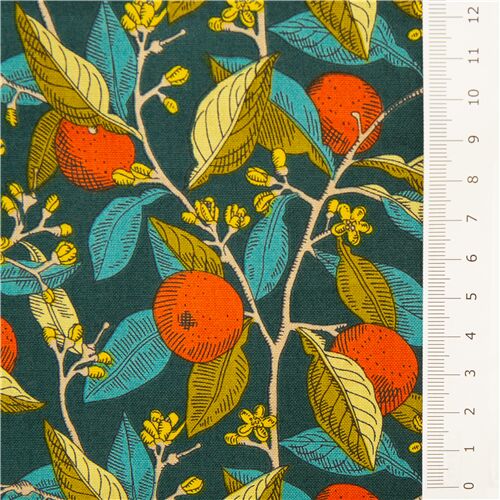 fruit fabric in teal with leaves and oranges by Liberty Fabrics - modeS4u