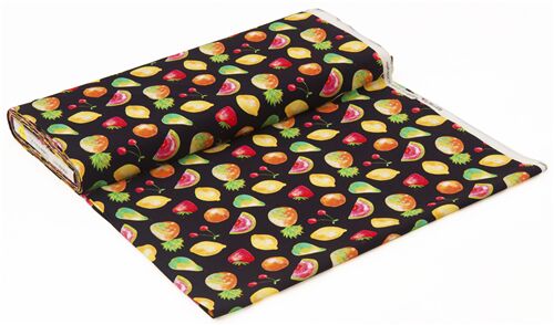 fruits tumbling Michael Miller black cotton fabric colorful pattern ...