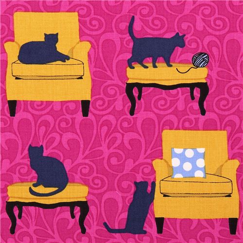 fuschia cat on chair fabric Robert Kaufman Sitting Pretty Fabric by ...