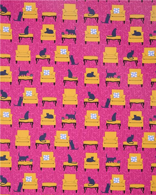 fuschia cat on chair fabric Robert Kaufman Sitting Pretty Fabric by ...