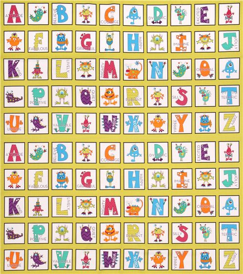 funny green monster squares ABC English learning children fabric Fabric ...