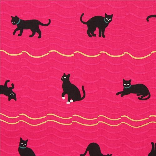 fuschia cat fabric from Japan with gold metallic embellishment Fabric ...