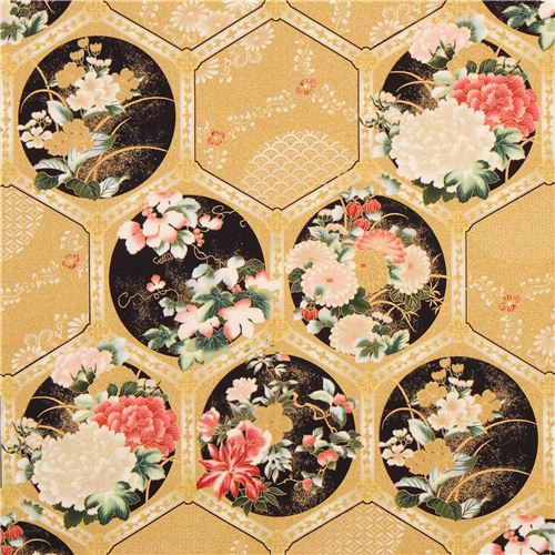 golden flower ornament pattern fabric with gold embellishments by ...