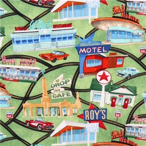 green 'Route 66 Diners & Motels' American car fabric by Timeless ...