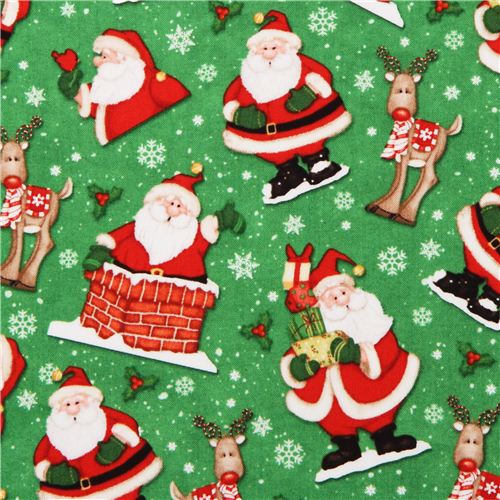 green Santa Claus Christmas fabric Believe Fabric by Japanese Indie ...
