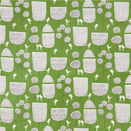green 'Tokyo Trees' bird flower Cloud 9 organic cotton fabric Fabric by ...