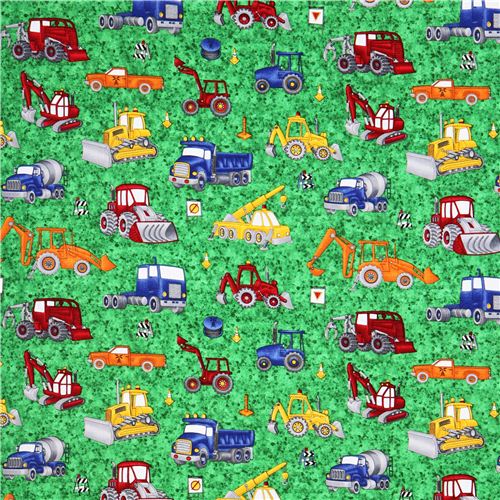 green construction vehicle fabric for boys Busy Builders Fabric by ...