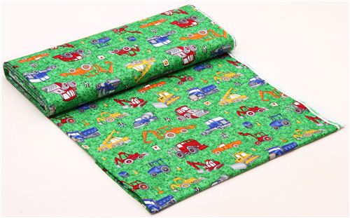 green construction vehicle fabric for boys Busy Builders Fabric by ...
