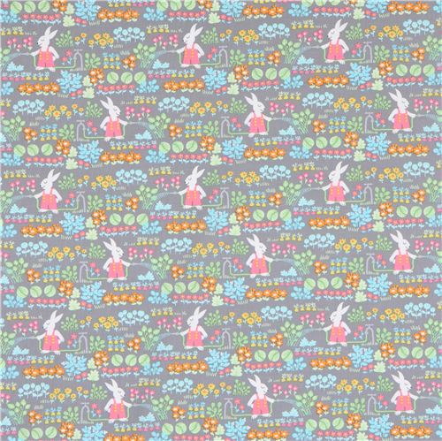 grey Michael Miller fabric rabbit animal small flower Bunnys Garden ...