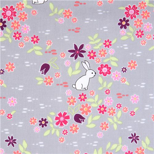 grey Michael Miller fabric white rabbit cute flower Bunny Tracks Fabric ...