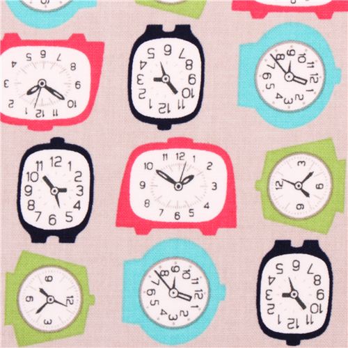 grey Riley Blake clock alarm clock retro fabric Fabric by Riley Blake ...