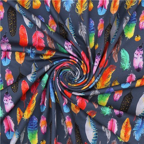 Grauer Stoff mit bunten Federn von Stenzo Textiles - modeS4u