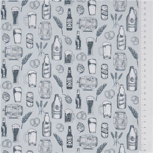 grey beer barrels mugs bottles fabric by Dear Stella - modeS4u
