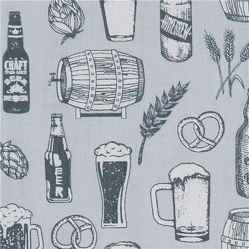 grey beer barrels mugs bottles fabric by Dear Stella Fabric by Timeless ...