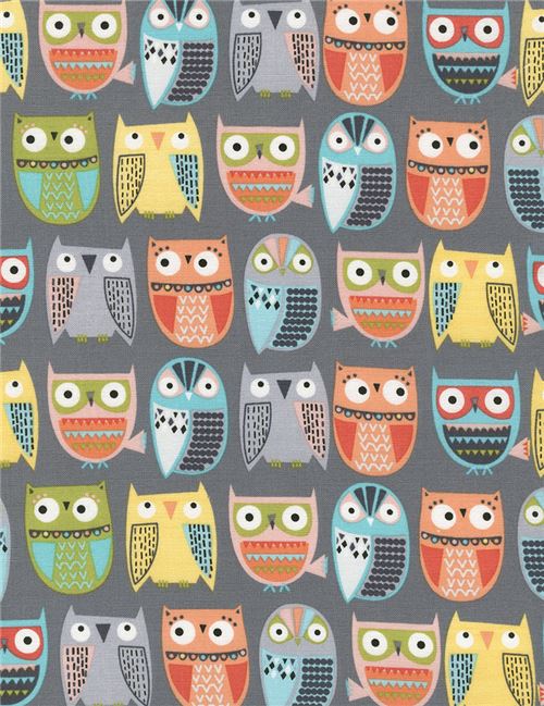 grey cute colorful owl fabric by Timeless Treasures Fabric by Timeless ...