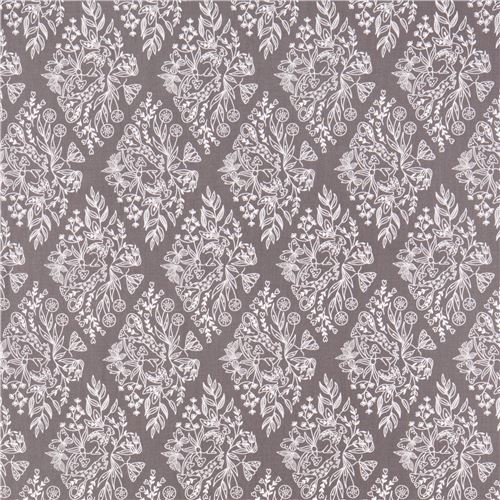 grey fabric white rabbit squirrel leaf by Michael Miller Fabric by ...