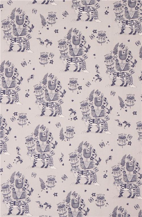 grey fox bird geo Canvas fabric Kokka Japan Fabric by Kokka - modes4u