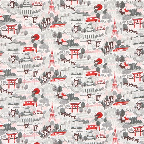 grey-red bears in Tokyo Japan animal fabric from the USA Fabric by ...