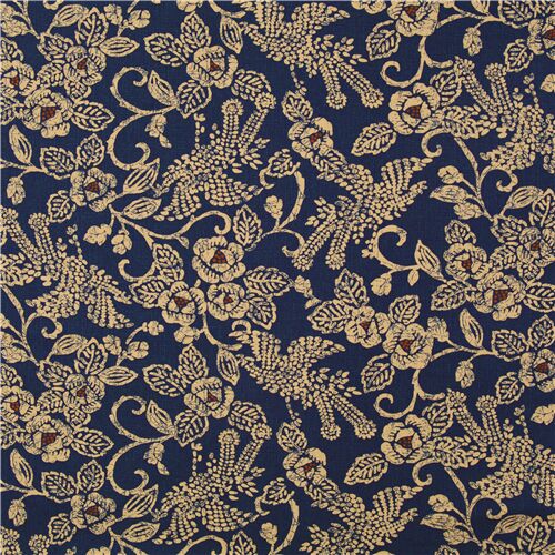 indigo blue cotton fabric with beige and red florals in batik style ...
