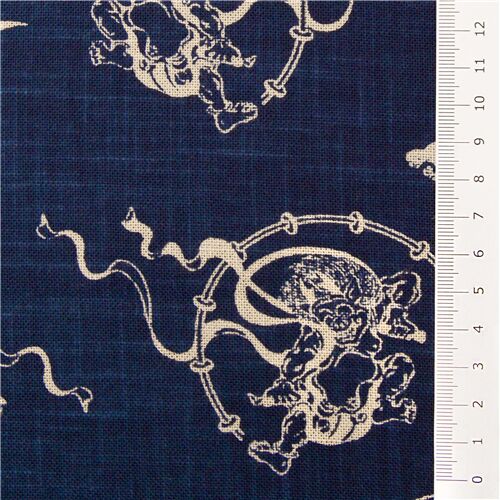 indigo blue muraito Japanese fabric with yokai monster and clouds - modeS4u