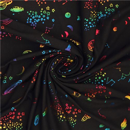 jersey foil outer space knit fabric in black with rocketships - modeS4u