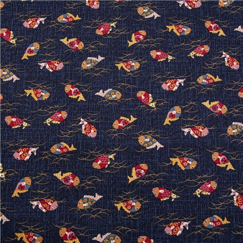 jumping koi fish navy blue Japan sheeting cotton fabric - modeS4u