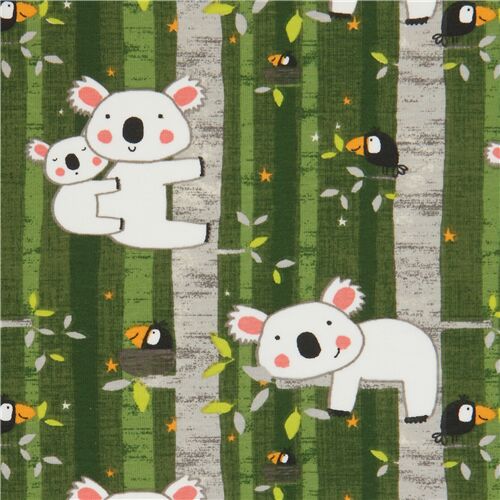 Stoffrest (13 x 78 cm) - Grüner Stoff mit Koalas und Amseln in Bäumen ...