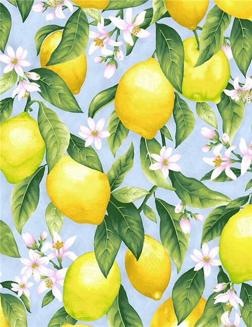 light blue lemon fabric by Timeless Treasures with flowers - modeS4u