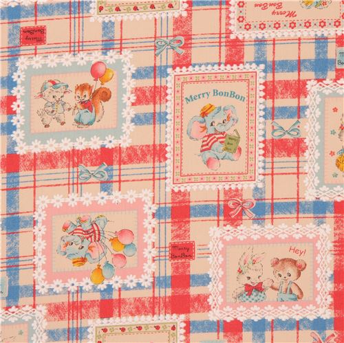light brown Lecien fabric colorful animal rectangle checkered pattern ...
