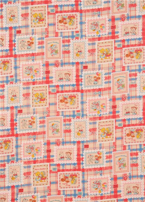 light brown Lecien fabric colorful animal rectangle checkered pattern ...