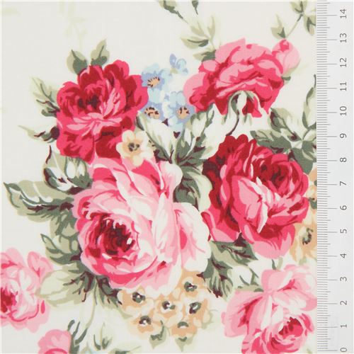 Remnant (45 x 110 cm) - light cream fabric with pink retro roses by ...