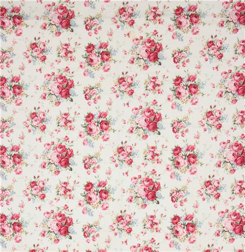 Remnant (45 x 110 cm) - light cream fabric with pink retro roses by ...