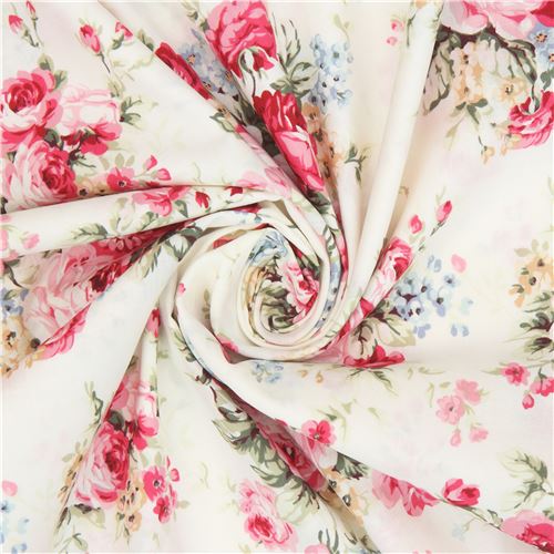 Remnant (45 x 110 cm) - light cream fabric with pink retro roses by ...
