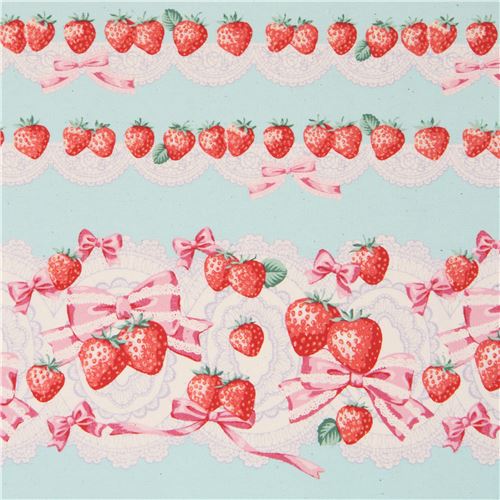 light turquoise with strawberry fruit stripe oxford fabric by Kokka ...