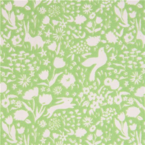 lime green fabric white flower bird rabbit by Michael Miller USA Fabric ...