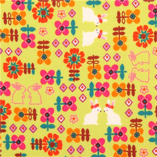 lime green rabbit flower meadow fabric from Japan kawaii Fabric by ...