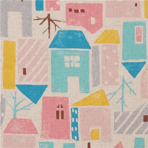 natural color Canvas fabric with grey turquoise house home Kokka Japan ...