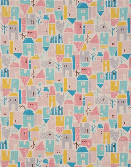 natural color Canvas fabric with grey turquoise house home Kokka Japan ...