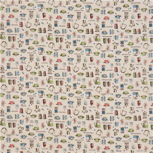 Tela de lona japonesa en color natural con motivos de café - modesS4u