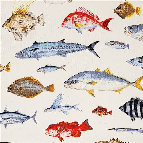 natural color Japanese twill fabric with colorful fish Fabric by ...
