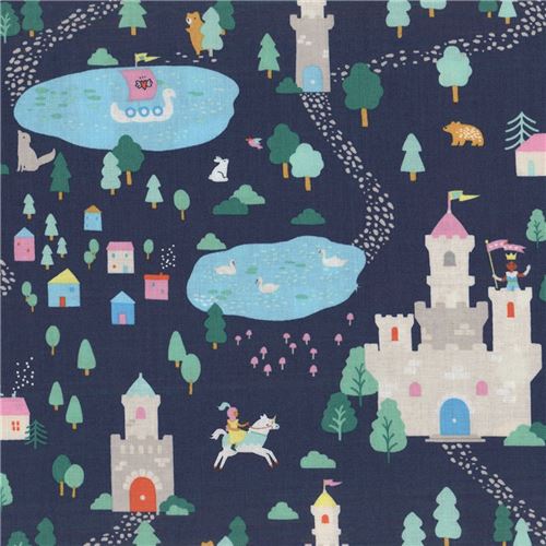navy blue Dear Stella fairy tale and castle fabric - modeS4u