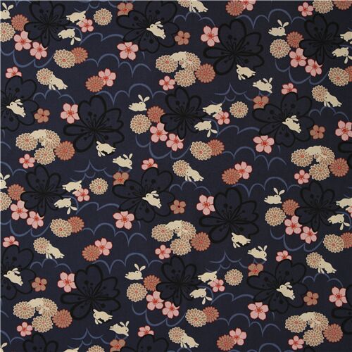 navy blue pink sakura flower white rabbit Japanese cotton fabric - modeS4u