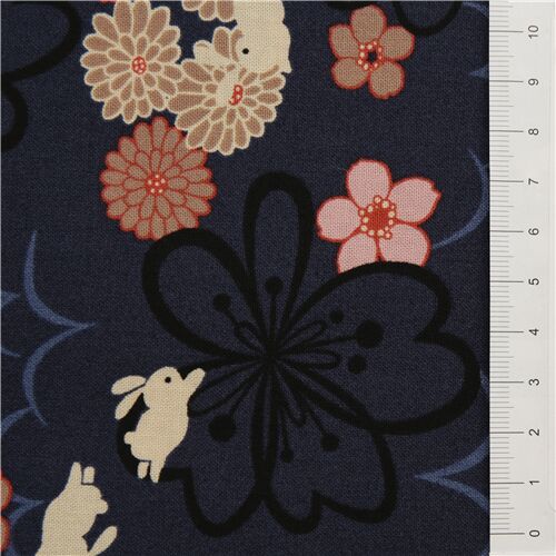 navy blue pink sakura flower white rabbit Japanese cotton fabric - modeS4u