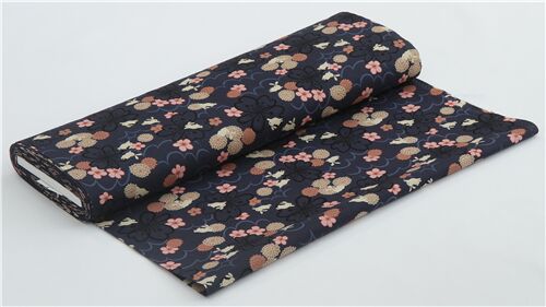 navy blue pink sakura flower white rabbit Japanese cotton fabric - modeS4u