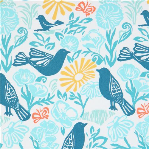 off-white with teal bird light blue flower fabric Moda Fabrics Fabric ...