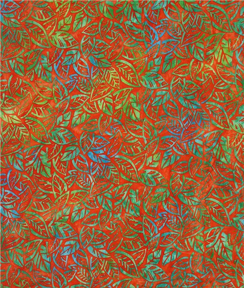 orange batik fabric with packed green leaves by Robert Kaufman - modeS4u