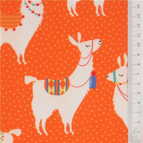 Tissu orange avec des lamas couleur crème clair - modeS4u